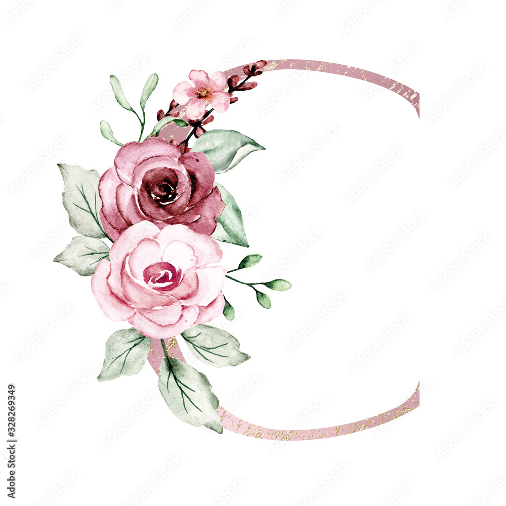 Letter C, floral pink and gold monogram, initial with watercolor ...