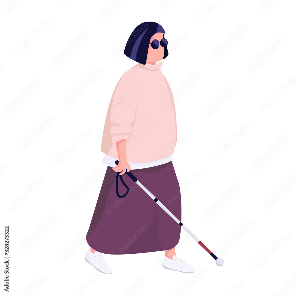 Blind woman with walking stick flat color vector faceless character ...