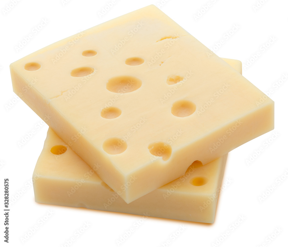 Two portions (blocks) of Emmental Swiss cheese. Texture of holes and ...
