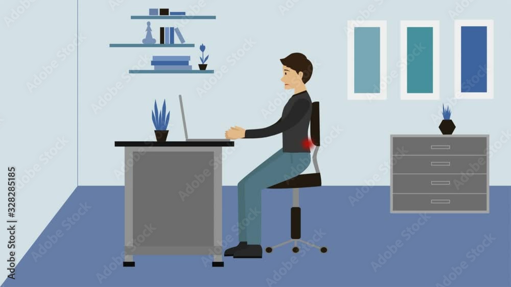 2D animation, young Caucasian man sitting down on chair in office. Red ...