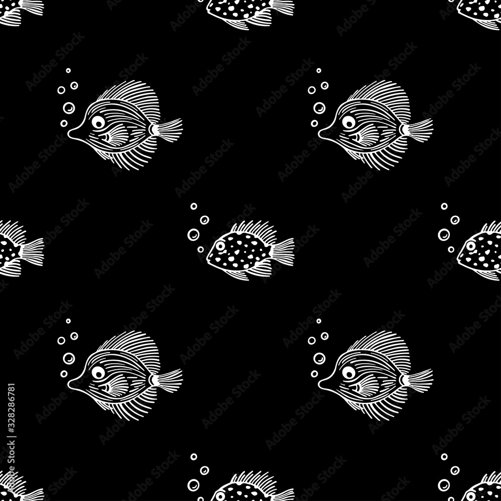 Seamless pattern with fish on black background. Trendy Sea pattern with ...
