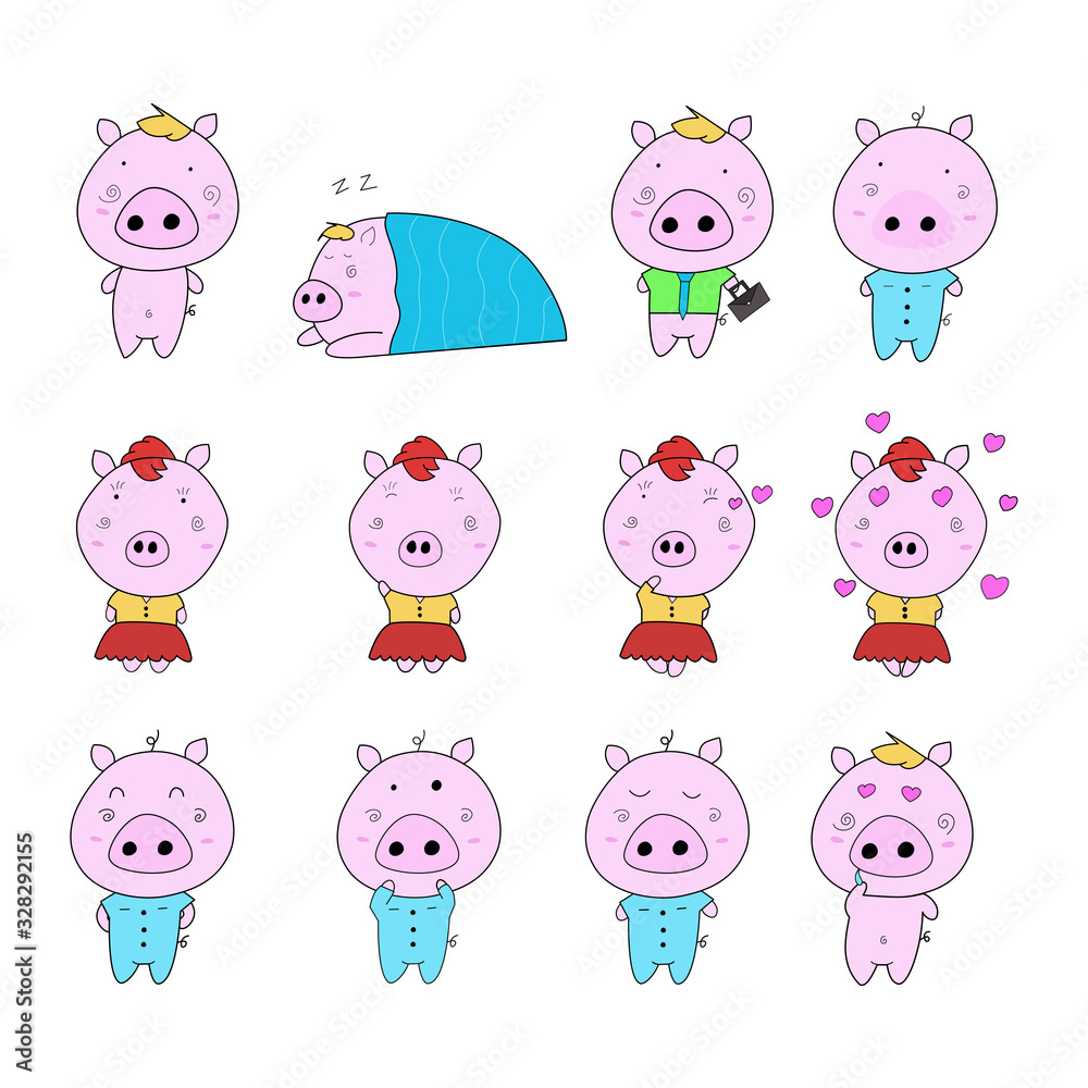 Cute piggies collection. Vector illustration of funny cartoon pigs in ...