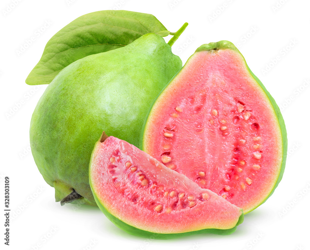 Isolated guavas. One whole guava fruit, a half and a slice with pink ...