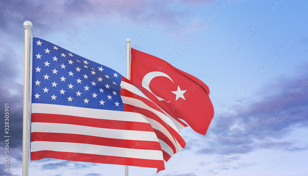Political relationships. American and Turkish Flag divided diagonally ...