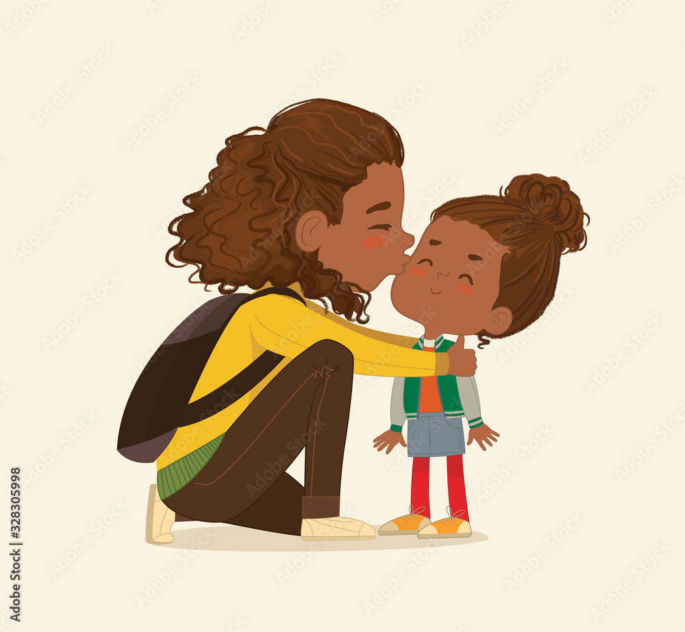 Illustration of a Mother Gives a Goodbye Kiss to her daughter. African ...