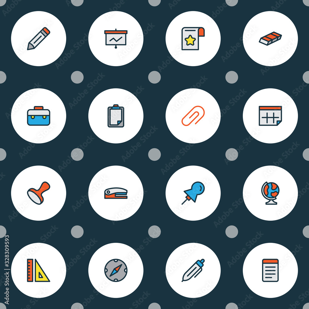 Tool icons colored line set with clip, stapler, clipboard and other ...