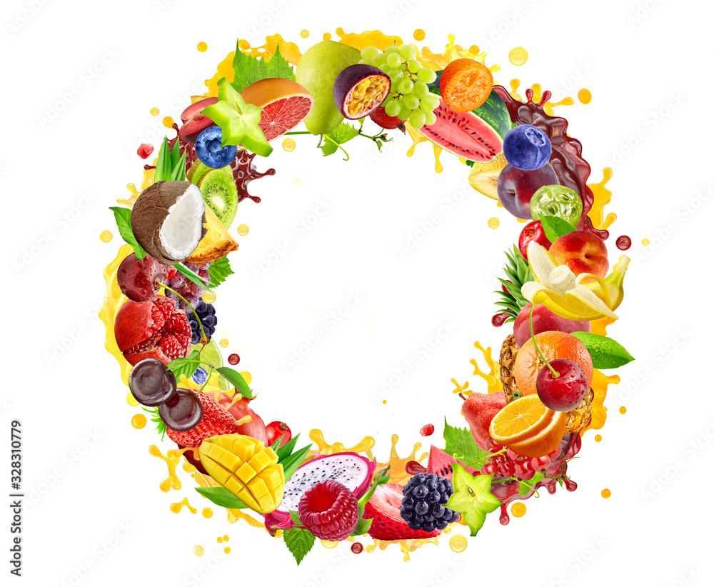 Variety of fruits berries, tropical fruits assortment 3D border ...