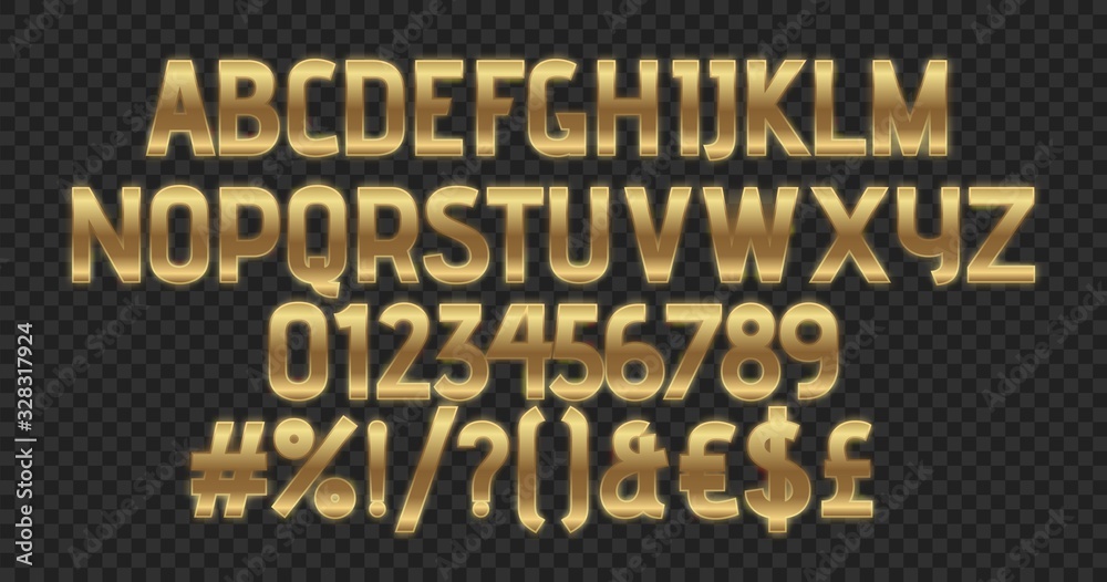 Gold luxury letters. Golden font. Elegant metal effect. Vector gloss ...