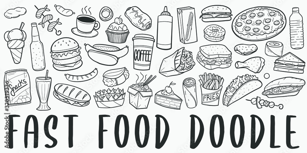 Fast Food Doodle Line Art Illustration. Hand Drawn Vector Clip Art ...
