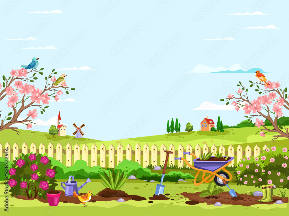 Spring village concept with gardening equipment, fence, windmill, house ...