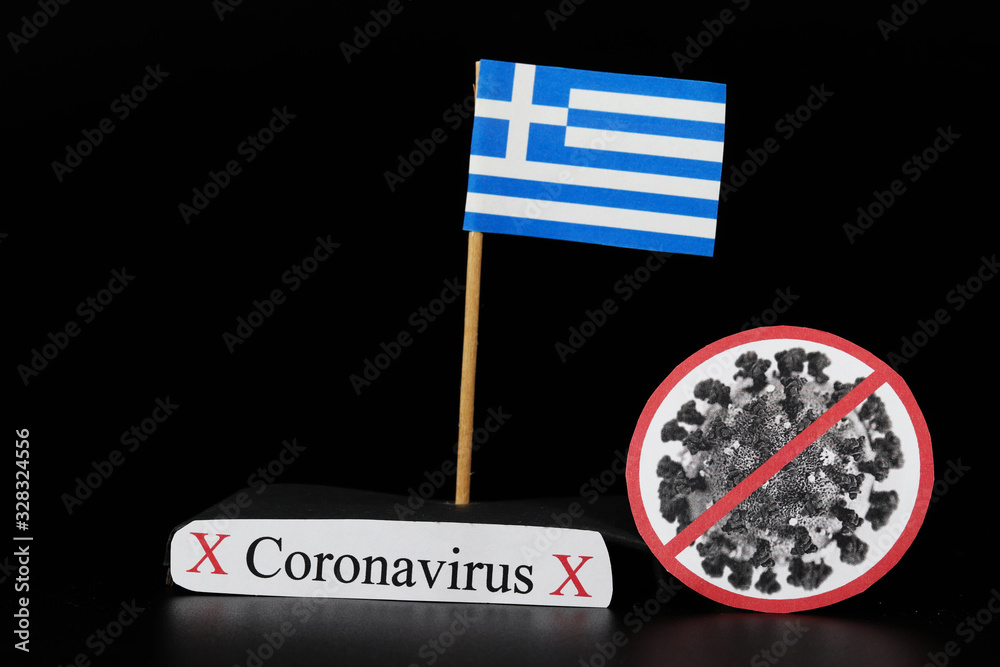 National flag of Greece with cell of covid-19 and word coronavirus ...