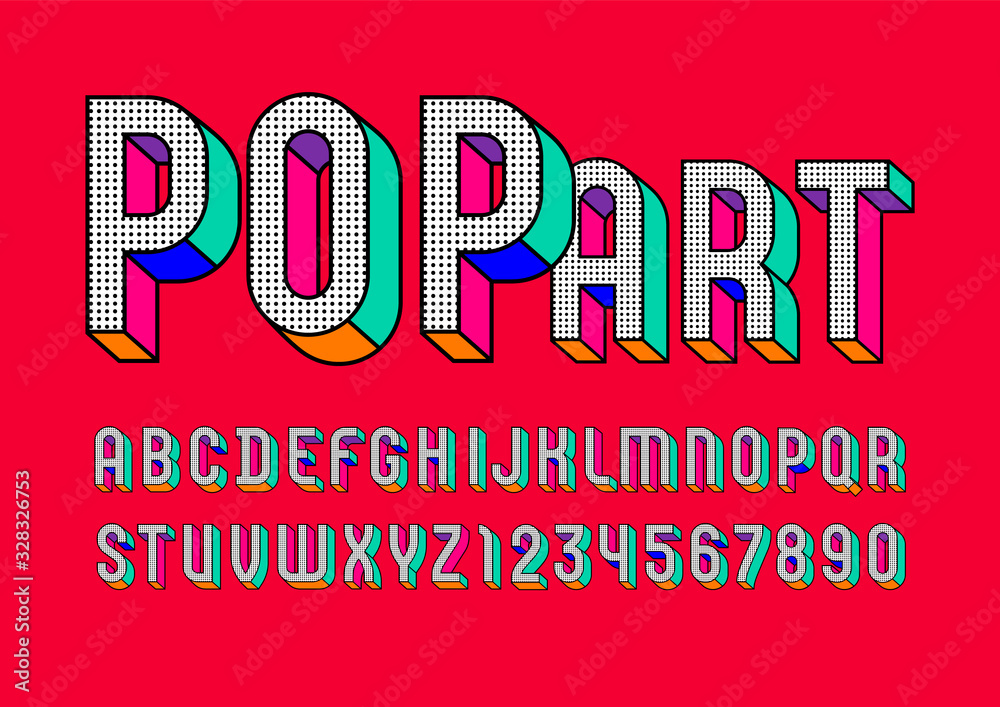 Pop art font, trendy graphic alphabet sans serif, modern 3d letters and ...