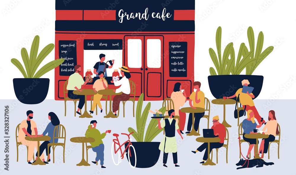 Crowd of relaxed cartoon people sitting at outdoor cafe vector flat ...