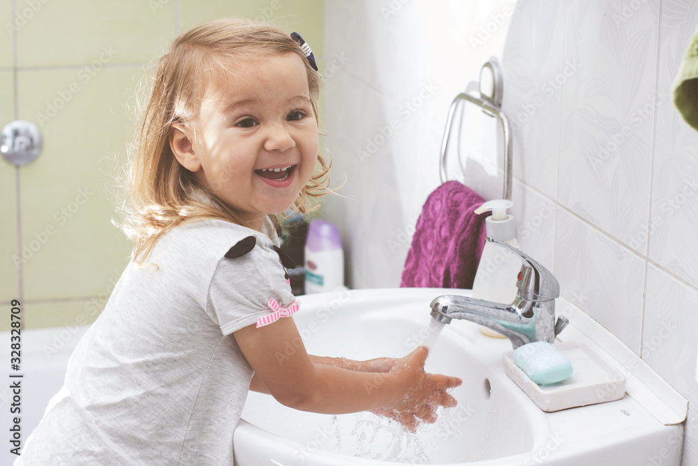 Smiling Child Washing Hands With Soap Hygiene Concept Stock Photo ...