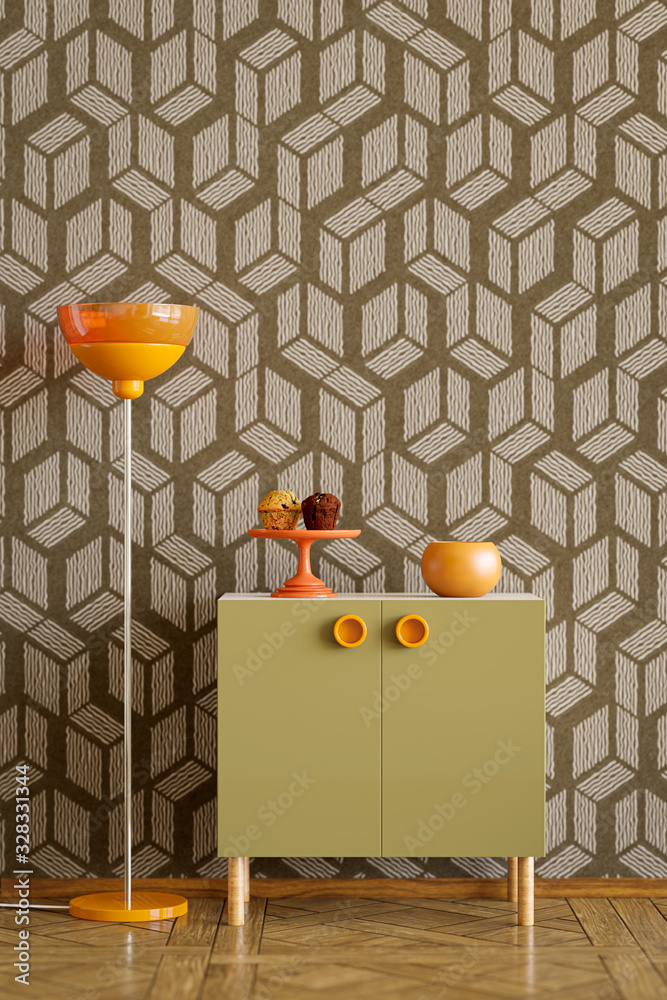 Retro vintage interior of living room with sideboard 3D rendering ...