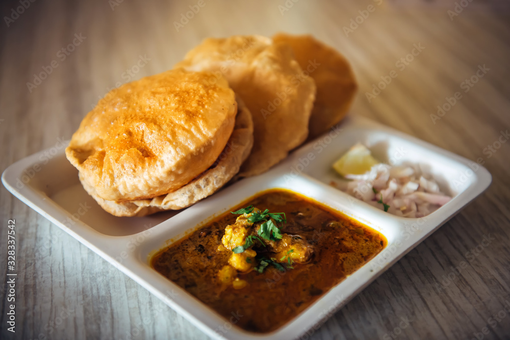 Puri bhaji, close up. Poori masala, fried indian bread. South Indian ...