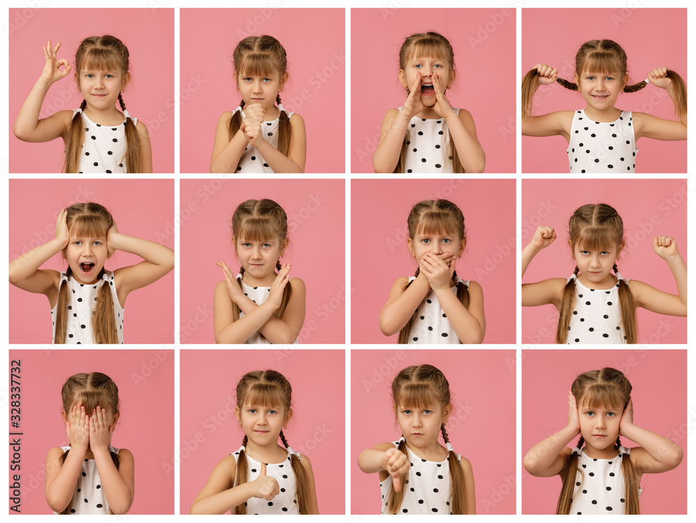 collage of portraits of little girl with different emotions on pink ...