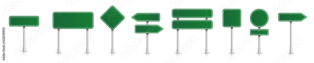 Set of green road signs. Directional signs. Realistic style. Vector ...