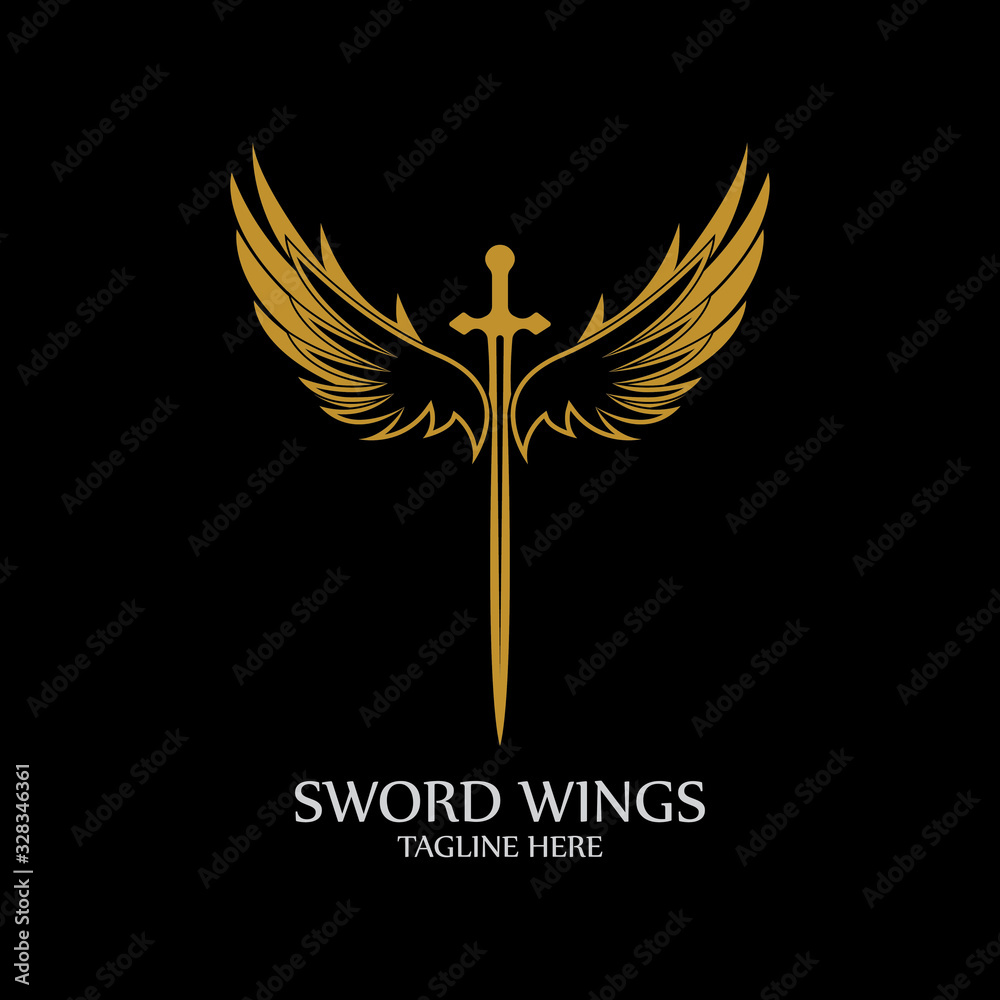 Sword with Wings. Golden Sword Symbol on Black Background. Stock Vector ...