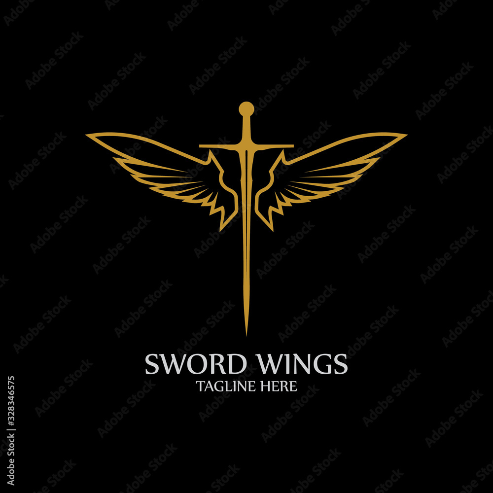 Sword with Wings. Golden Sword Symbol on Black Background. Stock Vector ...