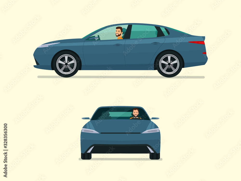 Sedan car two angle set. Car with driver man side view and front view ...