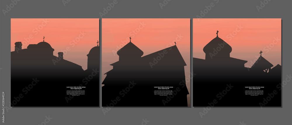 Christian monastery, silhouettes in Byzantine style in sunset. Card ...