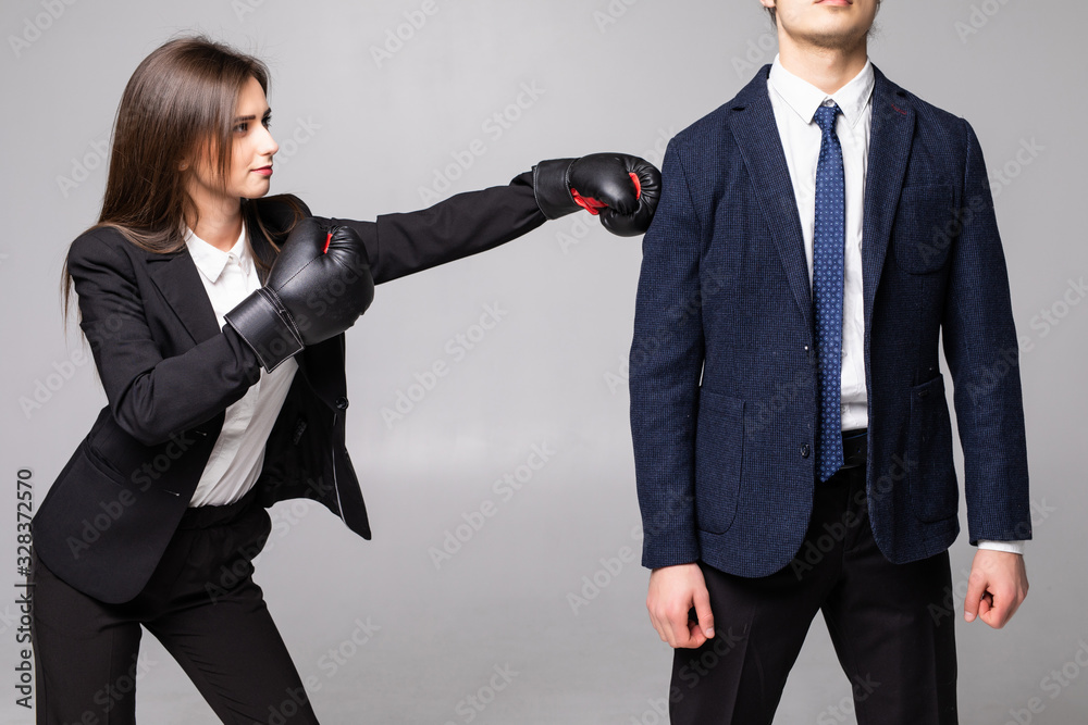 Portrait struggle businessman and business woman with bruises on her ...