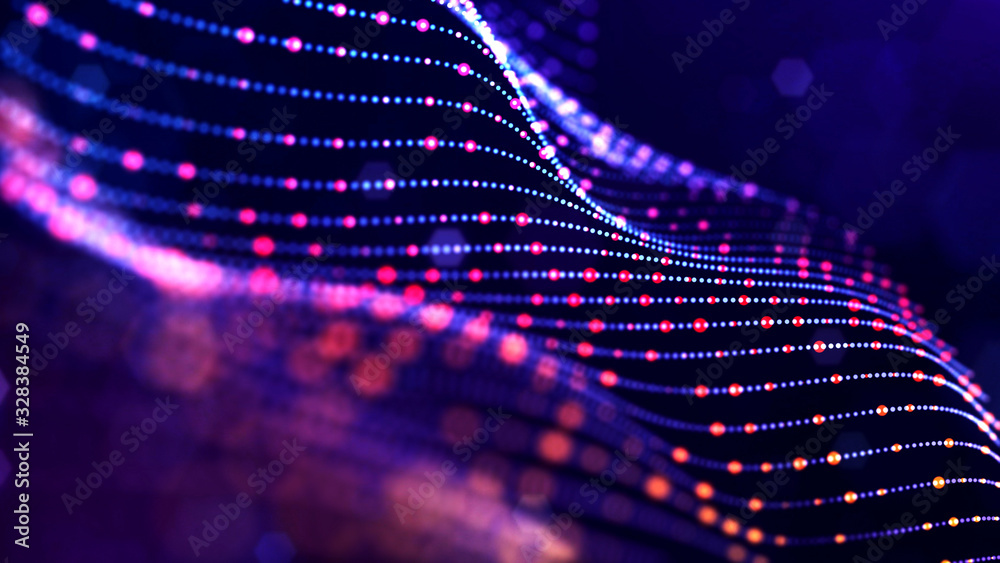 abstract sci-fi background with glow particles form curved lines ...