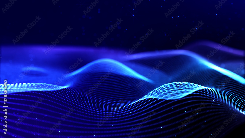 abstract sci-fi background with glow particles form curved lines ...
