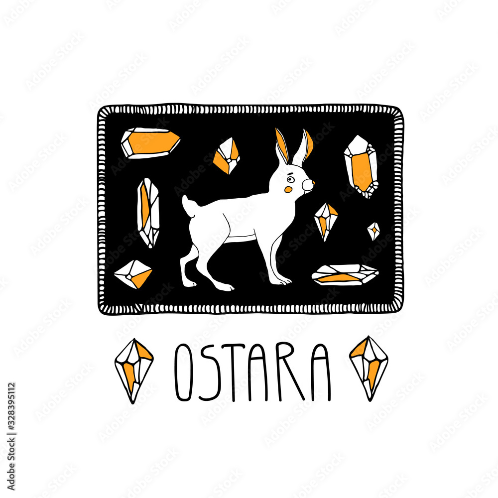 Ostara rabbit in a decorative vintage frame with magic crystals set ...
