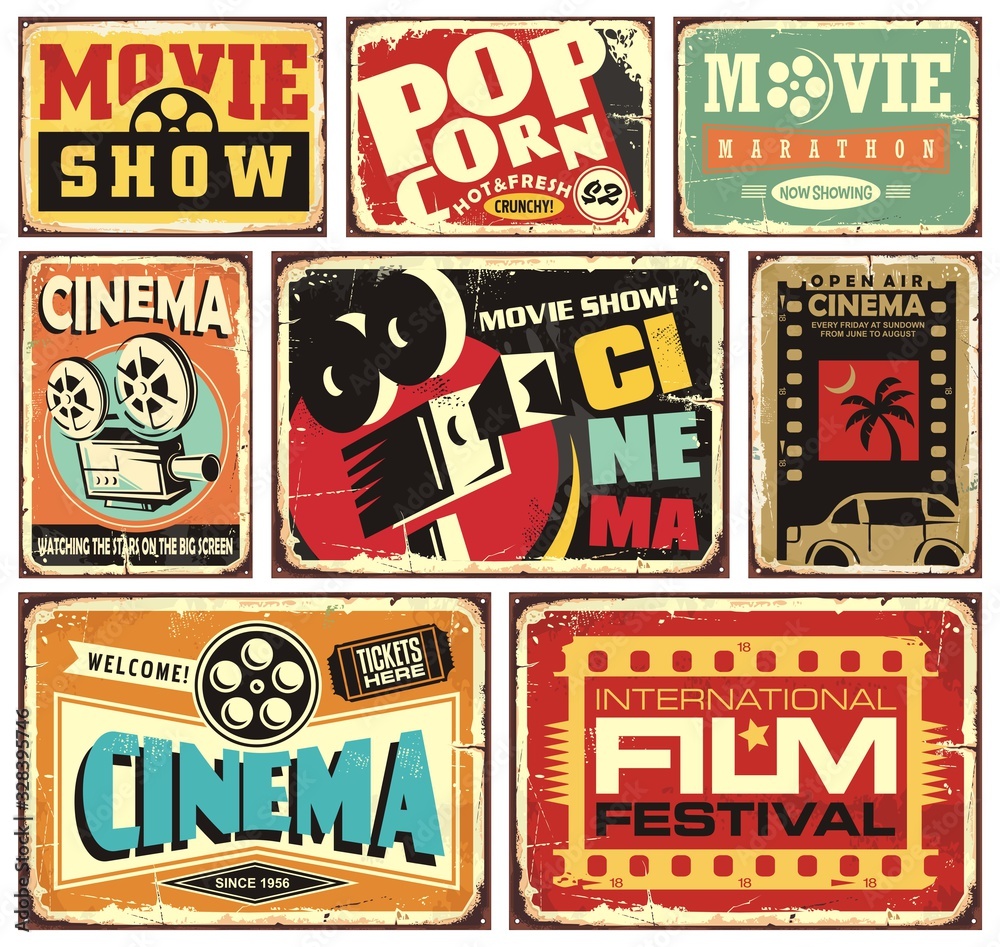 Vintage cinema signs collection. Movie show retro posters set. Vector ...