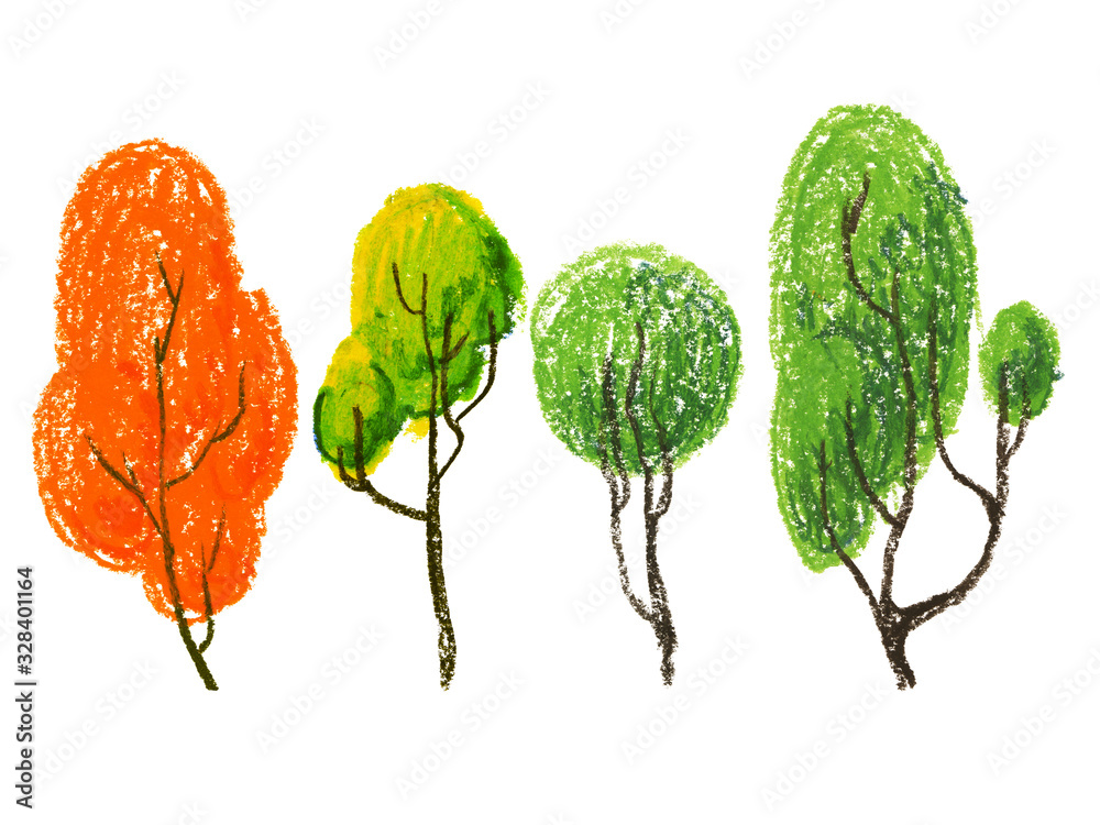 set of trees painted by crayons against wite background. Hand drawn ...