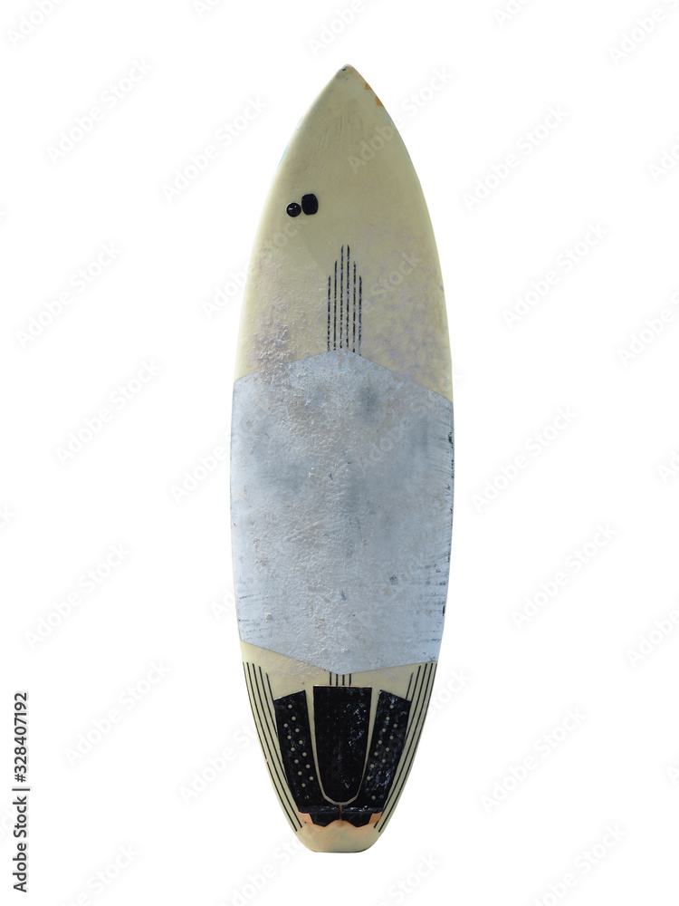 surfboard broken in half and repaired. Isolated on white. Short board ...
