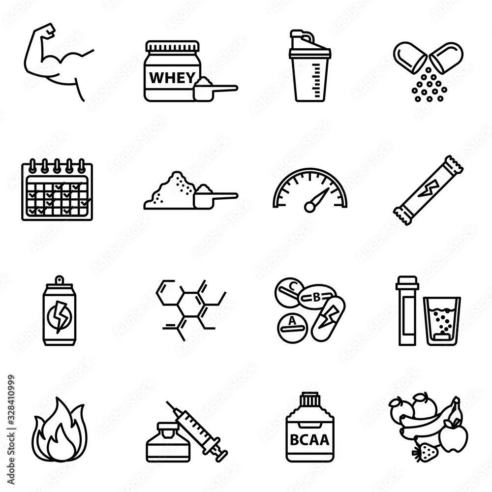 Fitness, gym ,sport supplements icons set. Sport nutrition for power ...