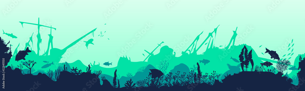 Silhouette of algae reef fish. Underwater scene of the ocean, sea ...