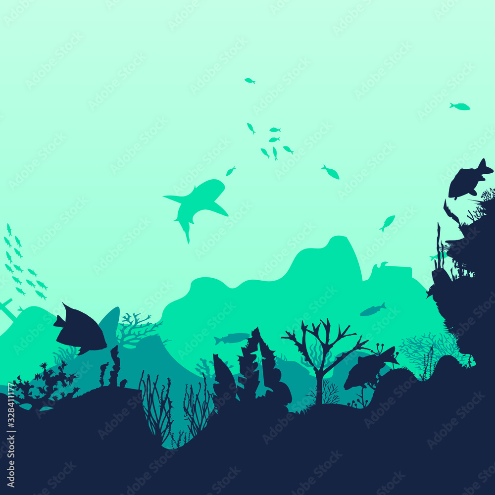 Silhouette of algae reef fish. Underwater scene of the ocean, sea ...