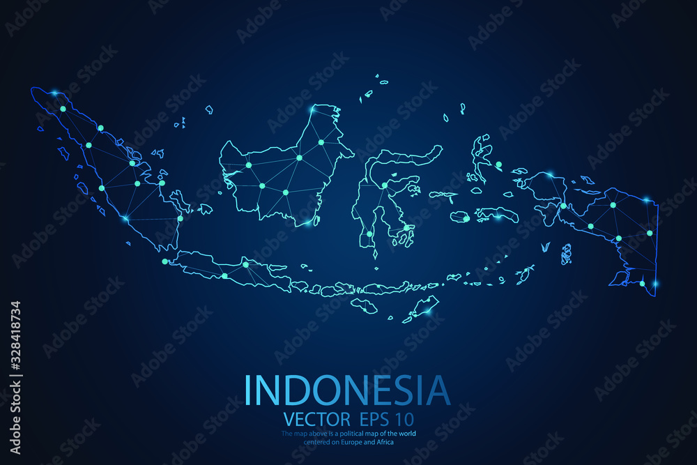 Abstract mash line and point scales on dark background with map of ...