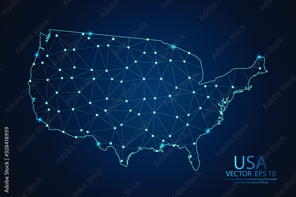 Abstract mash line and point scales on dark background with map of ...