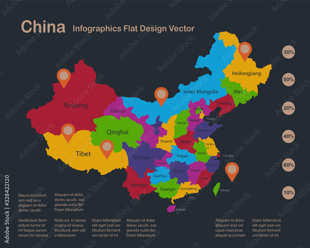 Infographics China map, flat design colors, with names of individual ...