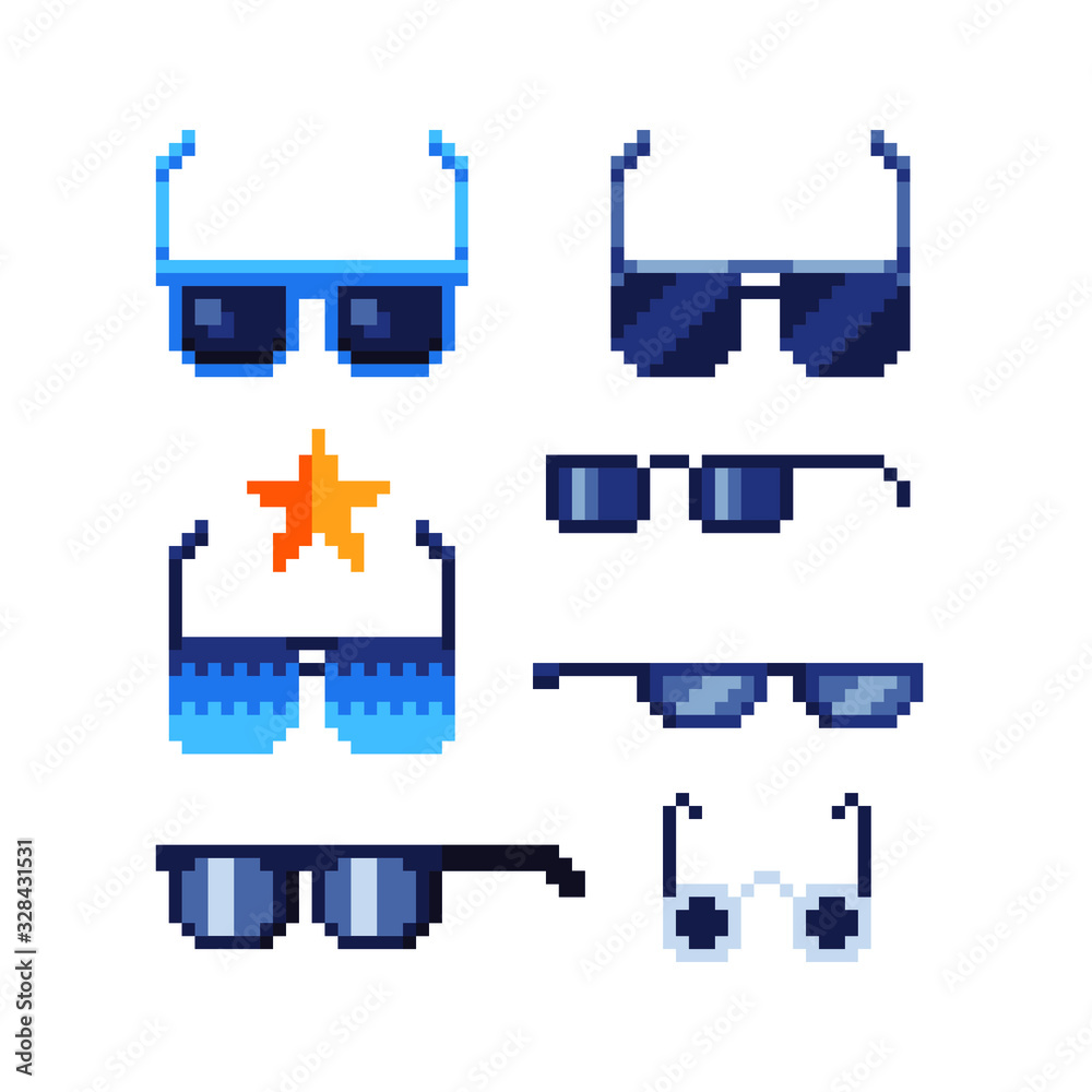 Sunglasses pixel art icons set, isolated vector illustration. Game ...