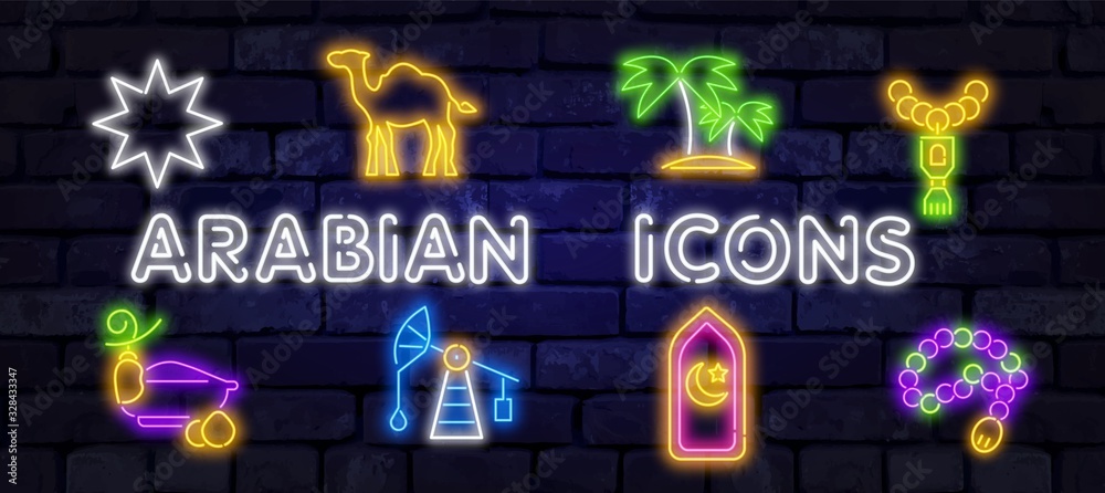 Arabic culture and religion middle east traditional neon icon flat set ...