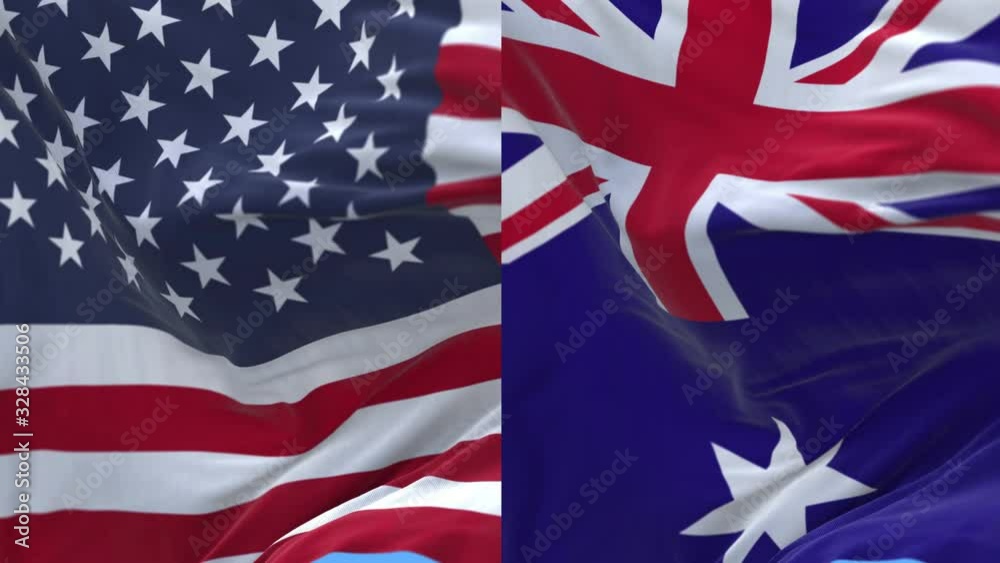 4k seamless United States of America USA and Australia flag slow waving ...