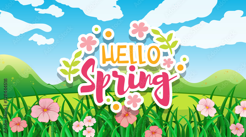 Nature scene background with hello spring sign in garden Stock Vector ...