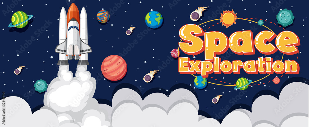 Poster design with spaceship and many planets in space background Stock ...