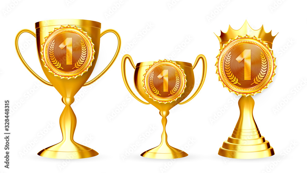 Champion Golden Cups Award Collection Set Vector. Shiny Gold Material ...