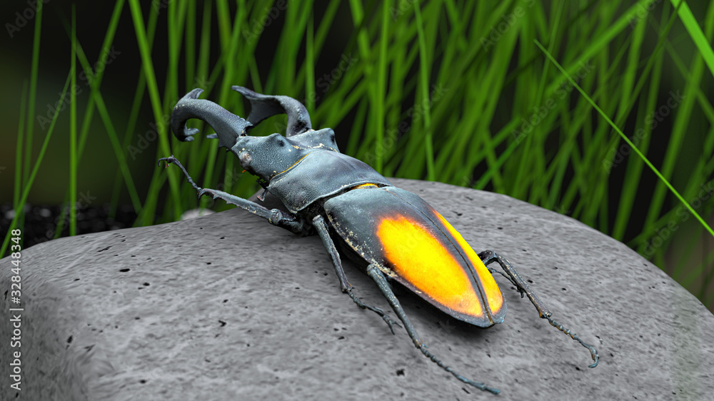 Giant stag beetle on rock between grass checking around back view 3d ...