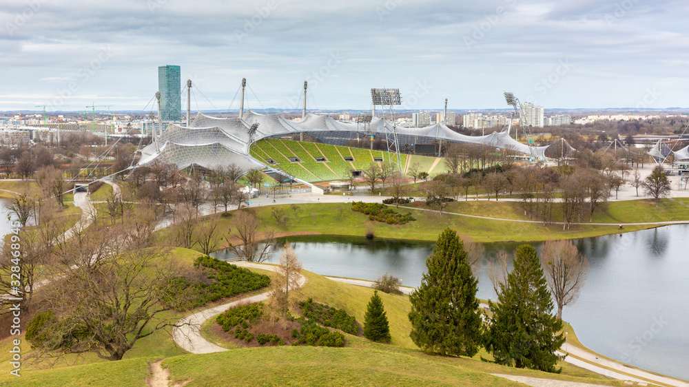 Munich, Bavaria / Germany - Feb 20, 2020: Olympic Park with lake ...