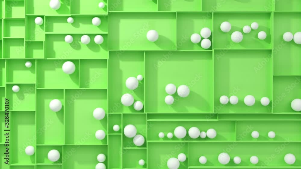 Abstract 3D boxes with white balls inside rolling. Animation render ...