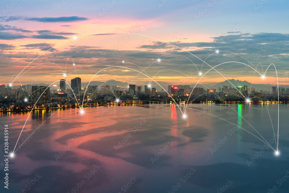 Smart city and wireless communication network concept. Digital network ...