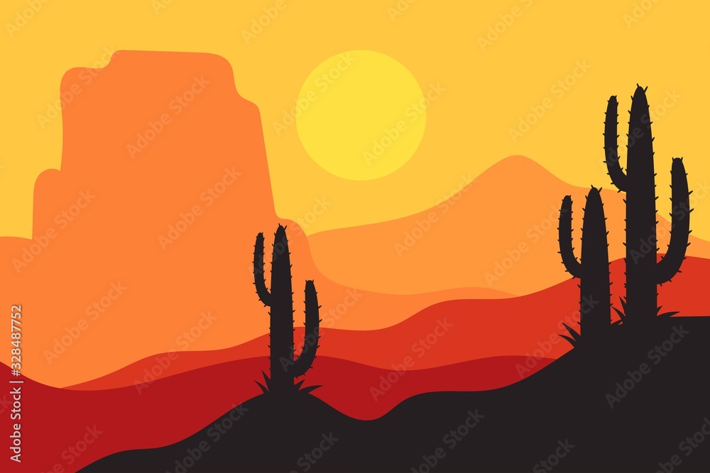 beautiful landscape of desert landscape with cactus mountains, abstract ...